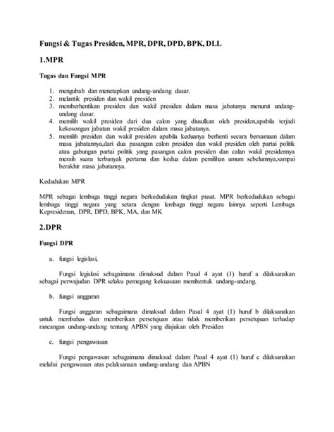 Fungsi Dan Tugas Presiden MPR DPR BPK MA MK Dkk PDF