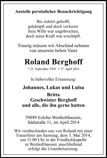 Traueranzeigen Von Roland Berghoff Trauer In NRW De