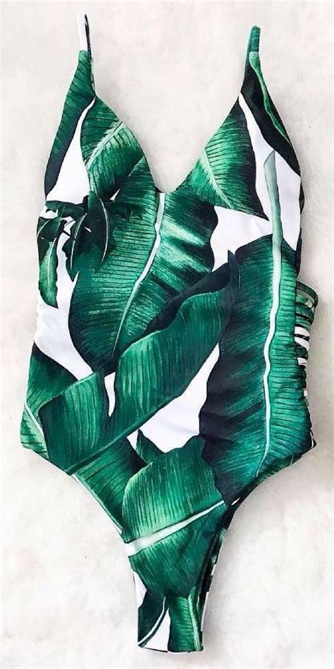 Start A Fire One Piece Swimwear Green Leaf Print One Piece For Women