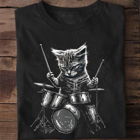 Kitten Rock Band Drummer Cat Playing Drums T Shirt Rocker Shirt Cat