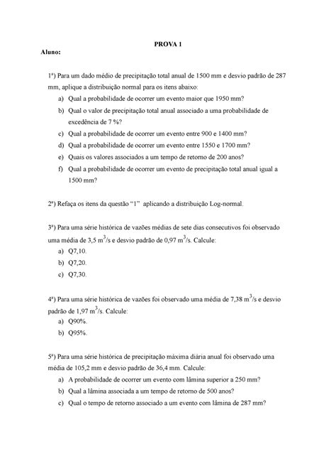 Prova Maio Quest Es Prova Aluno Para Um Dado M Dio De