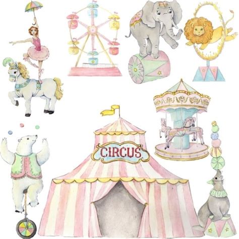 Kit Digital Circo Vintage Aquarela Rosa E Azul Elo