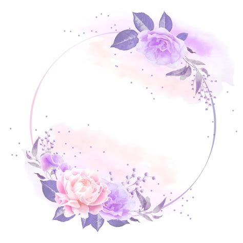 Marco Floral Acuarela Con Rosas Moradas Y Rosas Y Hojas Redondas
