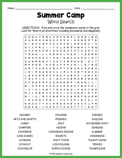 Summer Camp Word Search