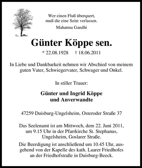 Traueranzeigen Von G Nter K Ppe Sen Trauer In Nrw De