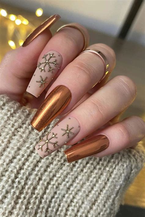 50 Fab Christmas Nail Designs Ideas Gold Snowflake Nude Nails
