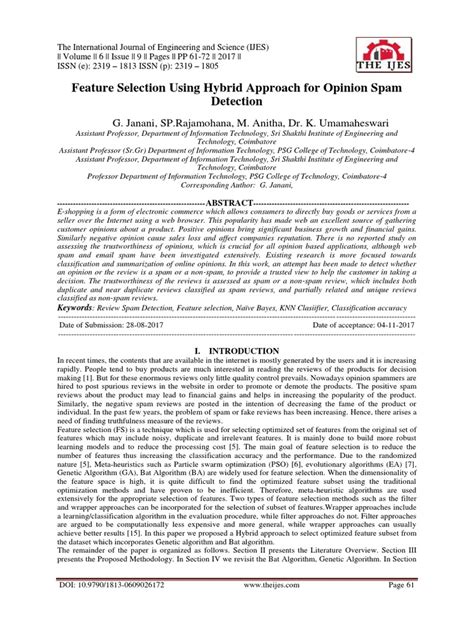 feature selection using hybrid approach for opinion spam detection pdf metaheuristic