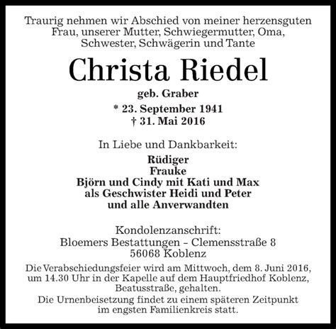 Traueranzeigen Von Christa Riedel Rz Trauer De