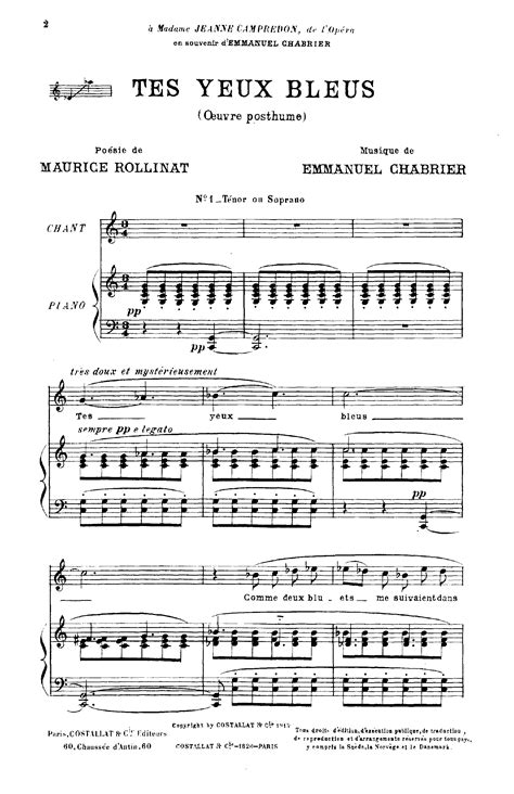 Chabrier Emmanuel Tes Yeux Bleus For Voice Free Sheet Music For