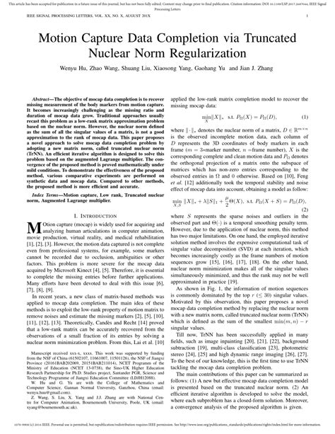 pdf motion capture data completion via truncated nuclear norm regularization