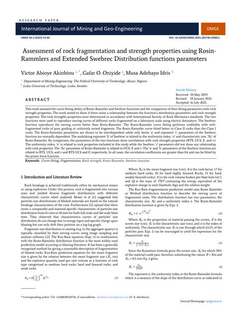 pdf assessment of rock fragmentation and strength properties using rosin rammlers and
