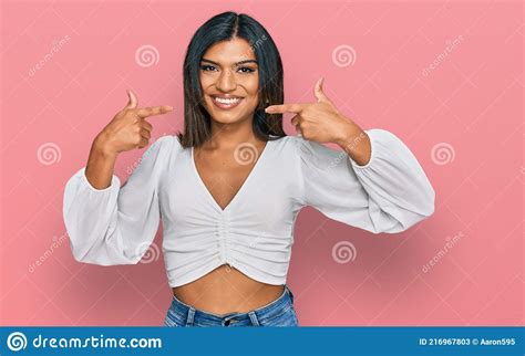Young Latin Transsexual Transgender Woman Wearing Casual Clothes Smiling Cheerful Showing And