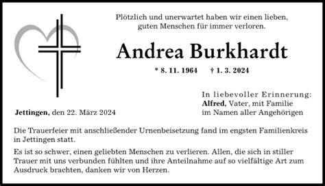 Traueranzeigen Von Andrea Burkhardt Augsburger Allgemeine Zeitung