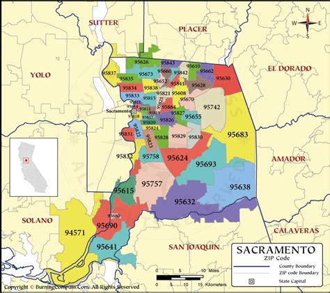 Sacramento County Zip Code Map California USA