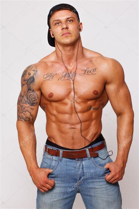 Well Looking Half Naked Man Is Listening Music Stock Photo Image By