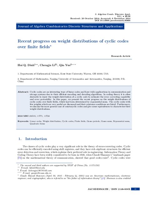 pdf recent progress on weight distributions of cyclic codes over finite fields journal of