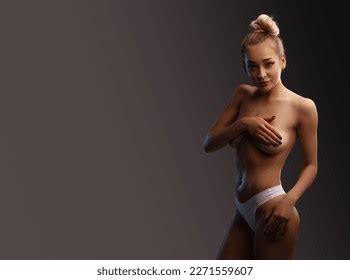 Beautiful Halfnaked Woman Covering Chest Hands Stock Photo 2271559607