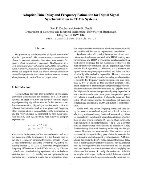 pdf adaptive time delay and frequency estimation for digital signal synchronization in cdma