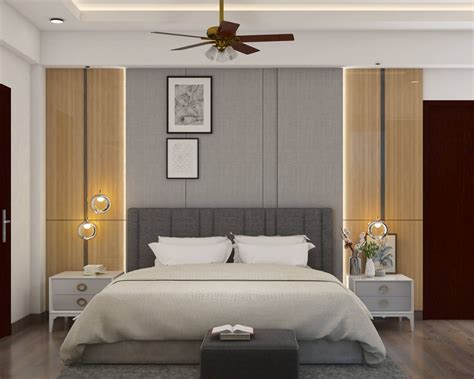 Spacious Master Bedroom Design With Grey Backdrop And Wooden Panels