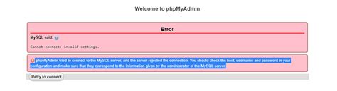 Php Phpmyadmin Failed To Connect To The Mysql Server Stack Overflow