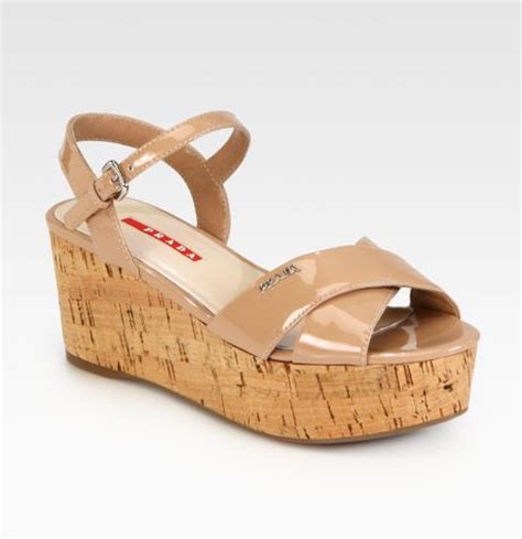 Prada Patent Leather Cork Wedge Sandals In Beige Nudo Nude Lyst
