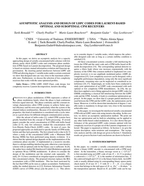 pdf asymptotic analysis and design of ldpc codes for laurent based optimal and suboptimal cpm