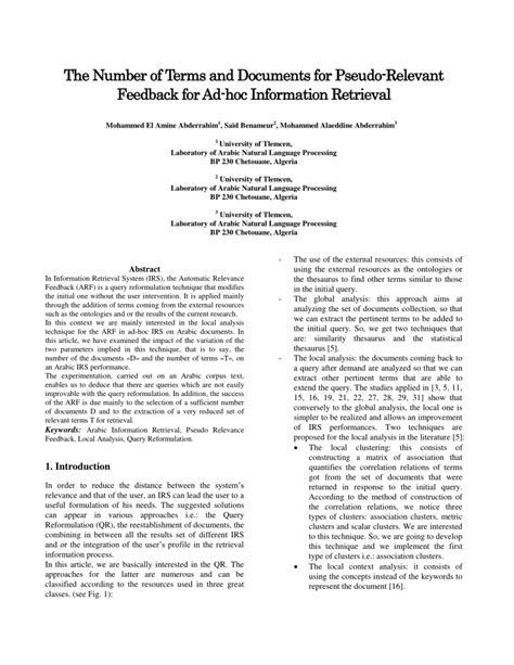 pdf the number of terms and documents for pseudo relevant feedback for ad hoc information