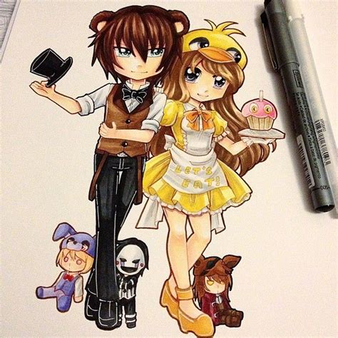 Humanised FNAF Chibis Done Freddy And Chica With Plushies Of Bonnie