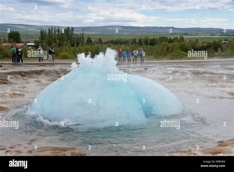 Strokkur Geyser Blue Bubble Erupting Geysir Iceland Stock Photo Alamy