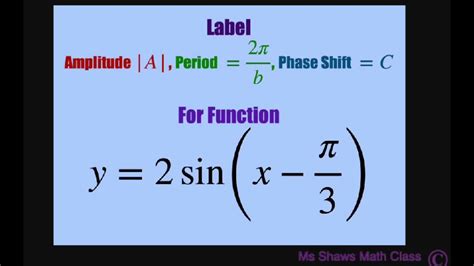 label amplitude phase shift period for function y 2 sin x pi 3 youtube