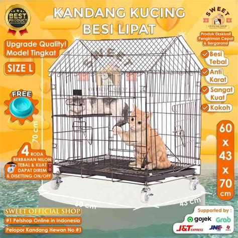 Promo KANDANG KUCING BESI LIPAT TINGKAT SIZE L 60X43X70 BERODA ATAP