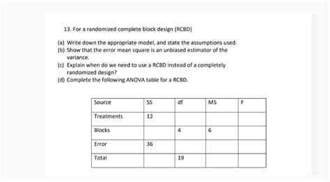 solved 13 for a randomized complete block design rcbd a write down the appropriate model