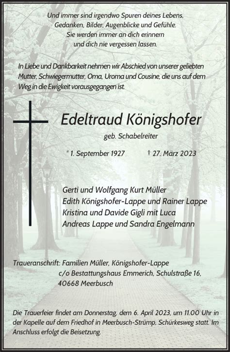 Alle Traueranzeigen für Edeltraud Königshofer trauer rp online de