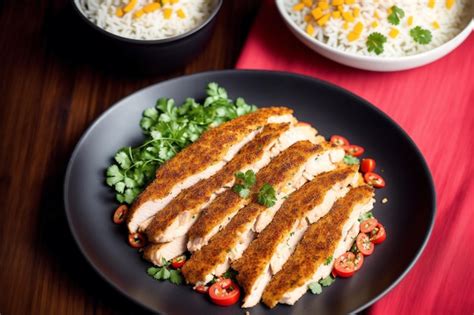 Un Plato De Pechuga De Pollo Con Arroz Y Cilantro Al Lado Foto Premium