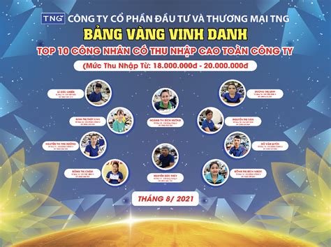 Bảng vàng vinh danh Top 10 công nhân có thu nhập cao toàn công ty Tháng
