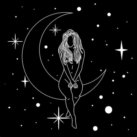 Premium Vector Naked Woman Sitting On The Moon In Trendy Linear