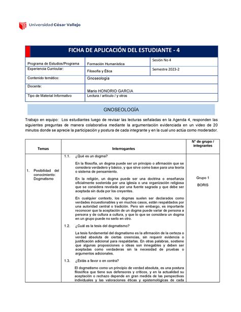 Ficha DE Aplicación 4 filosófica FICHA DE APLICACIÓN DEL ESTUDIANTE