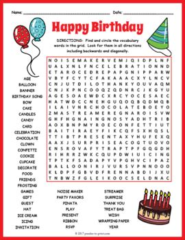 Happy Birthday Word Search Puzzle By Puzzles To Print Tpt