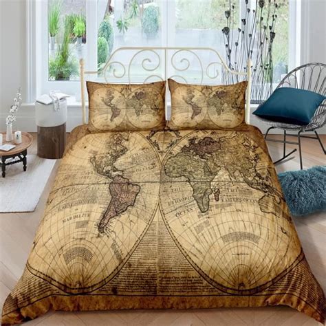 Housse De Couette Carte Du Monde Vintage 200X200 Cm Parure De Lit 1 2