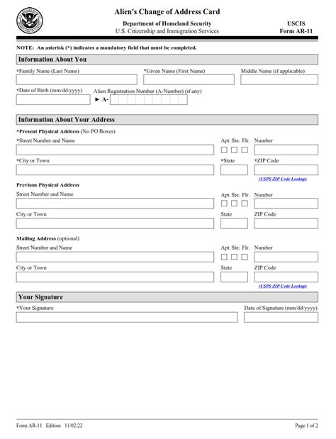 AR 11 Form Aliens Change Of Address Card Free Online Forms