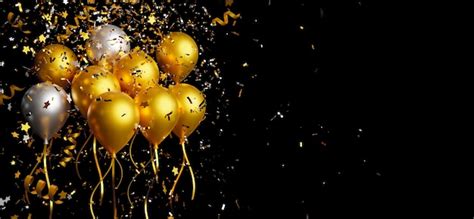 Premium Photo Gold And Silver Balloon With Foil Confetti Falling On