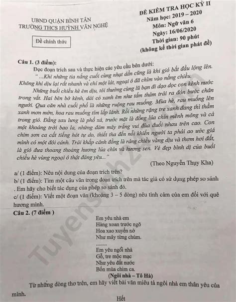 Đề thi học kì 2 lớp 6 môn Văn Mới nhất Trang 3