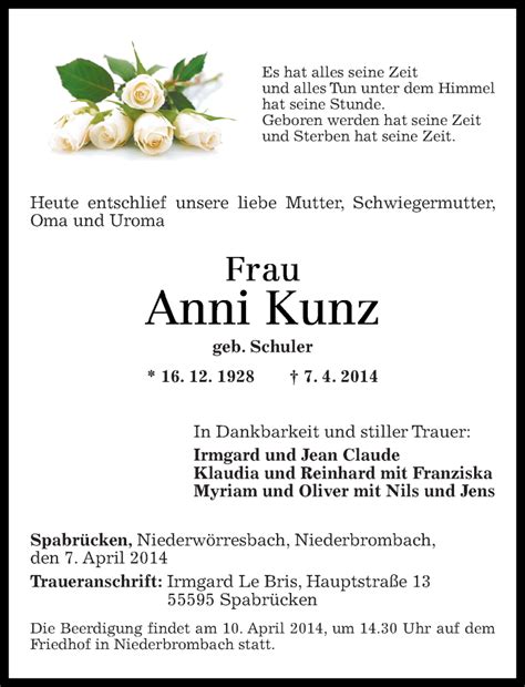 Traueranzeigen Von Anni Kunz Rz Trauer De