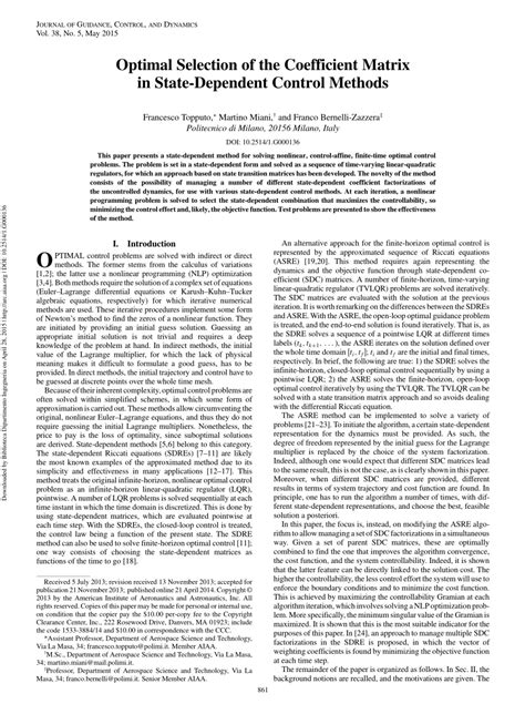 pdf optimal selection of the coefficient matrix in state dependent control methods