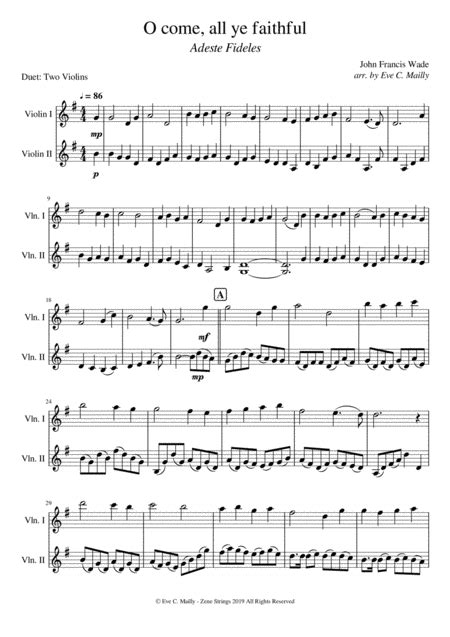 O Come All Ye Faithful Adeste Fideles Duet For Two Violins Arr