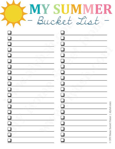 Printable Summer Bucket List Template Printable Templates