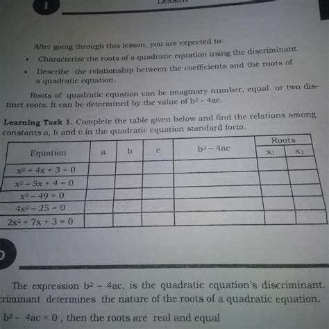 complete the table given below and find the relations among constants a b and c in the