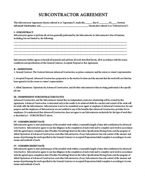 FREE 9 Sample Subcontractor Agreement Templates In PDF MS Word Excel