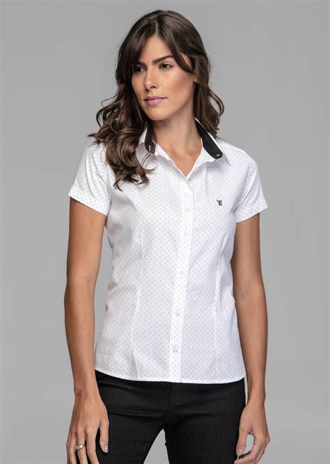 CAMISA FEMININA SOCIAL MANGA CURTA MICRO ESTAMPA BRANCA Elegance Camisas
