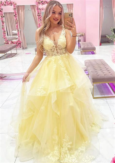 A Line Princess V Neck Sleeveless Tulle Long Floor Length Prom Dress